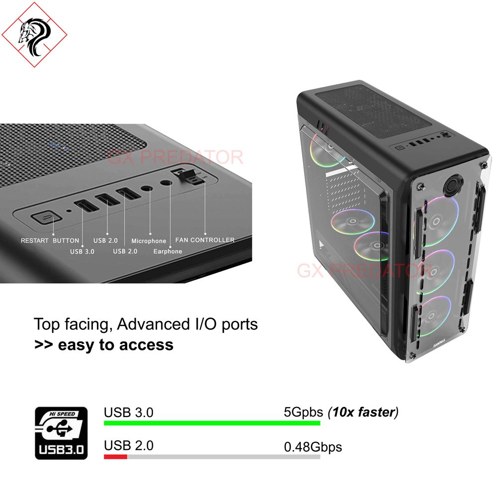 Gaming Tower Case Optical GX ATX Computer PC Case 4x RBG fan wireless ...