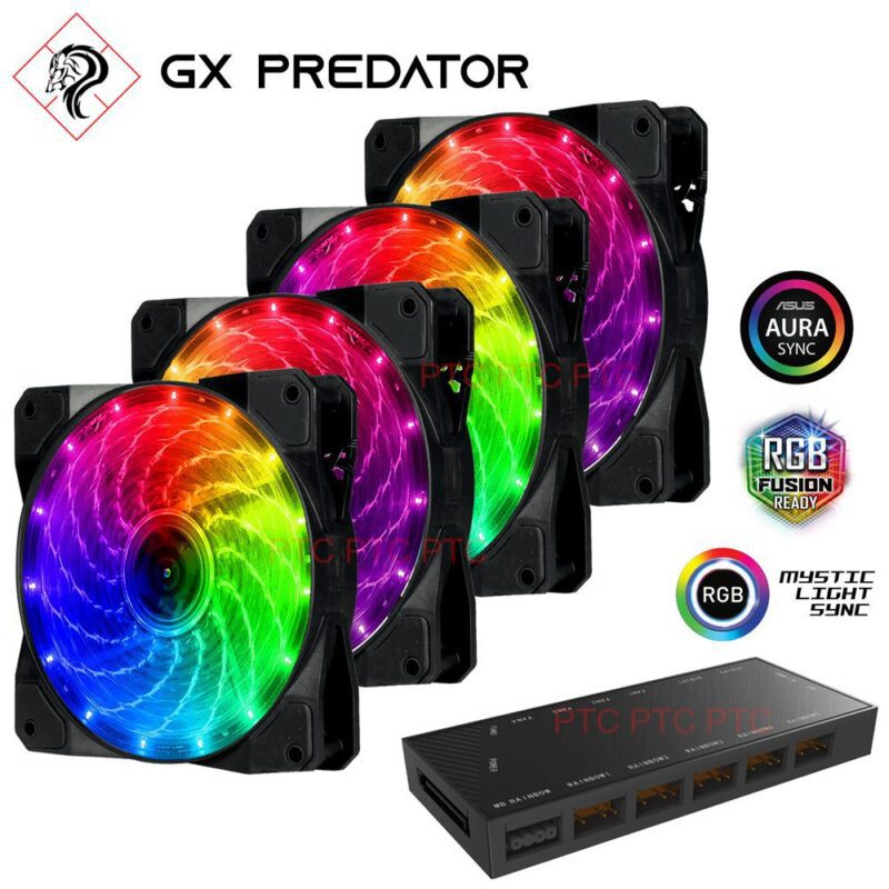 4 Pack 120mm Rainbow RGB LED Fan GX Predator Silent computer PC case ...